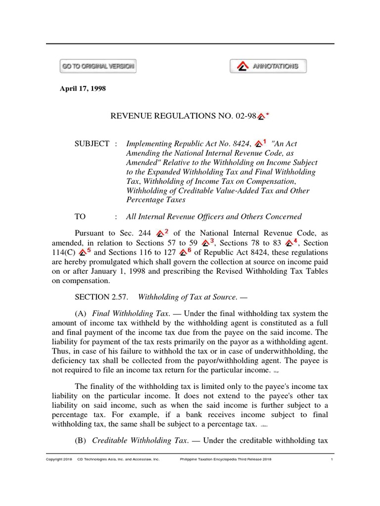 RR No. 2-98 (As Amended by TRAIN Law) | PDF | Withholding Tax | Capital ...