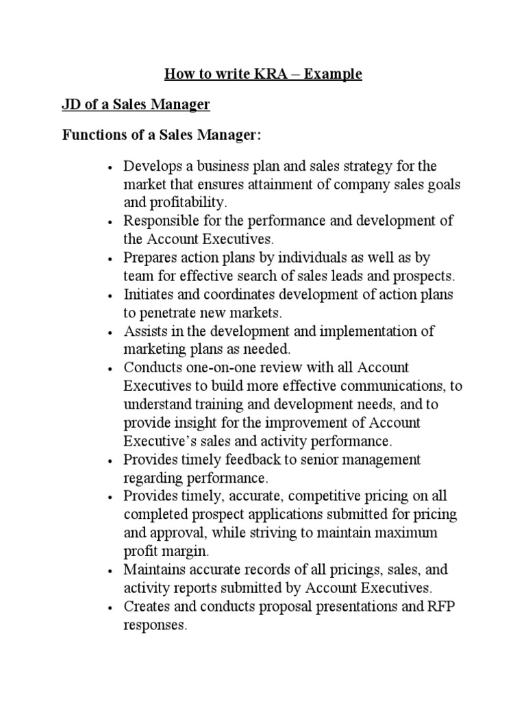 How To Write KRA - Example JD of A Sales Manager Functions of A Sales ...