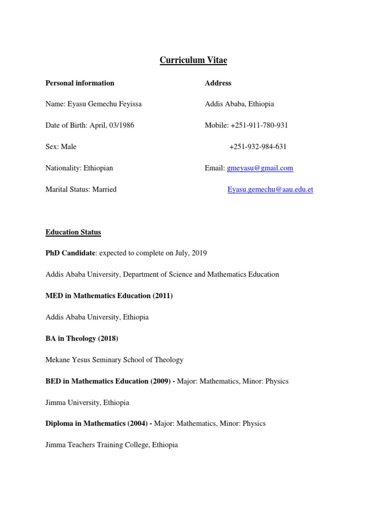 Eyasu Gemechu, Curriculum Vitae | PDF | Ethiopia | Teaching Mathematics