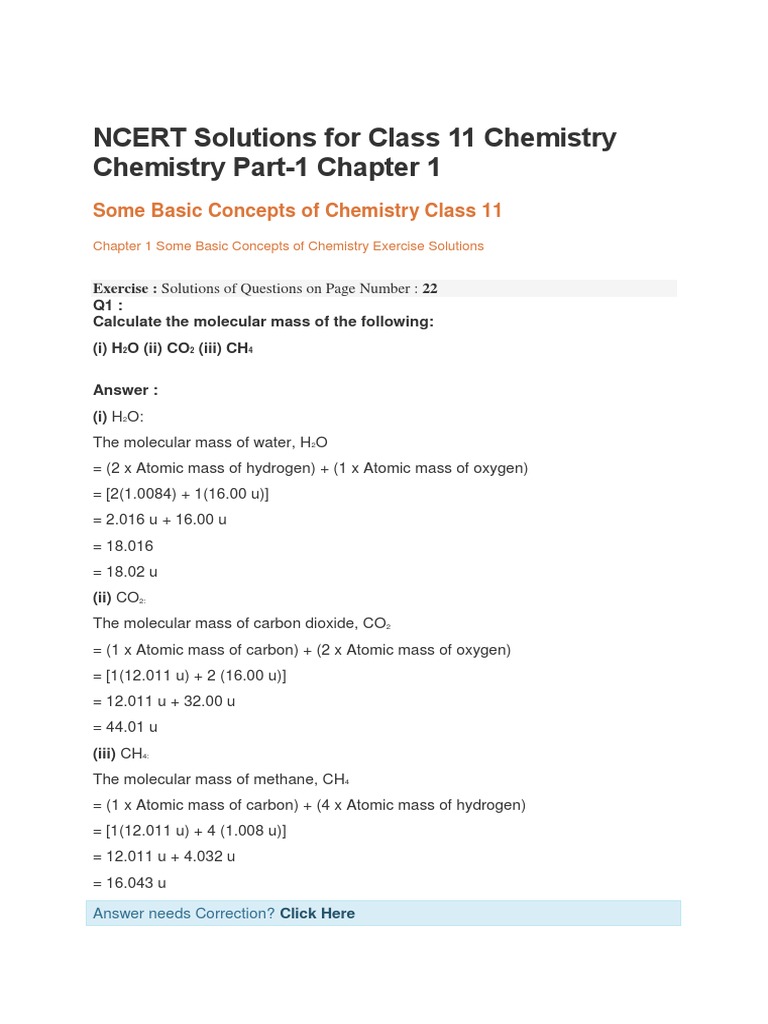 NCERT Solutions For Class 11 Chemistry Chpter1 | PDF | Mole (Unit) | Argon