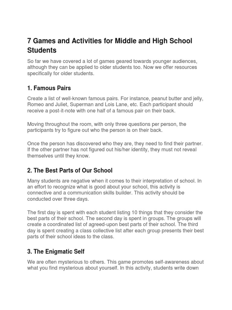7 Games and Activities For Middle and High School Students | PDF ...