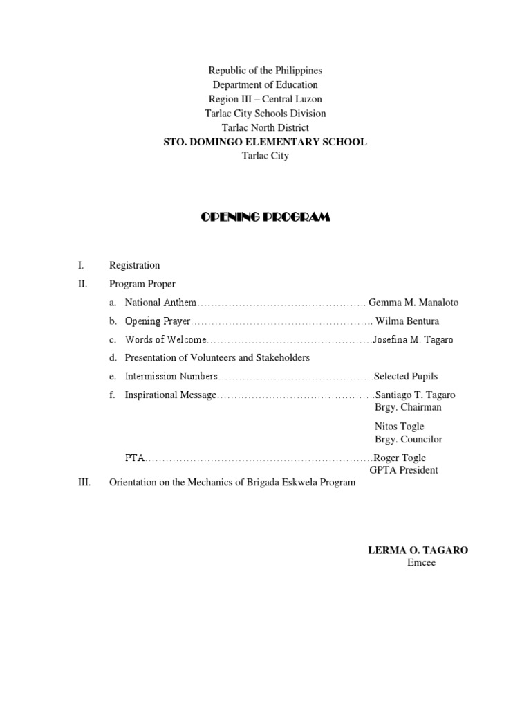 Opening Program Brigada Eskwela Tariji Es | PDF