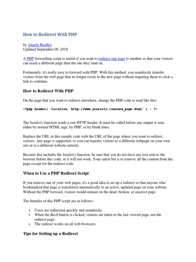 How To Redirect With PHP | PDF | Hypertext Transfer Protocol | Php