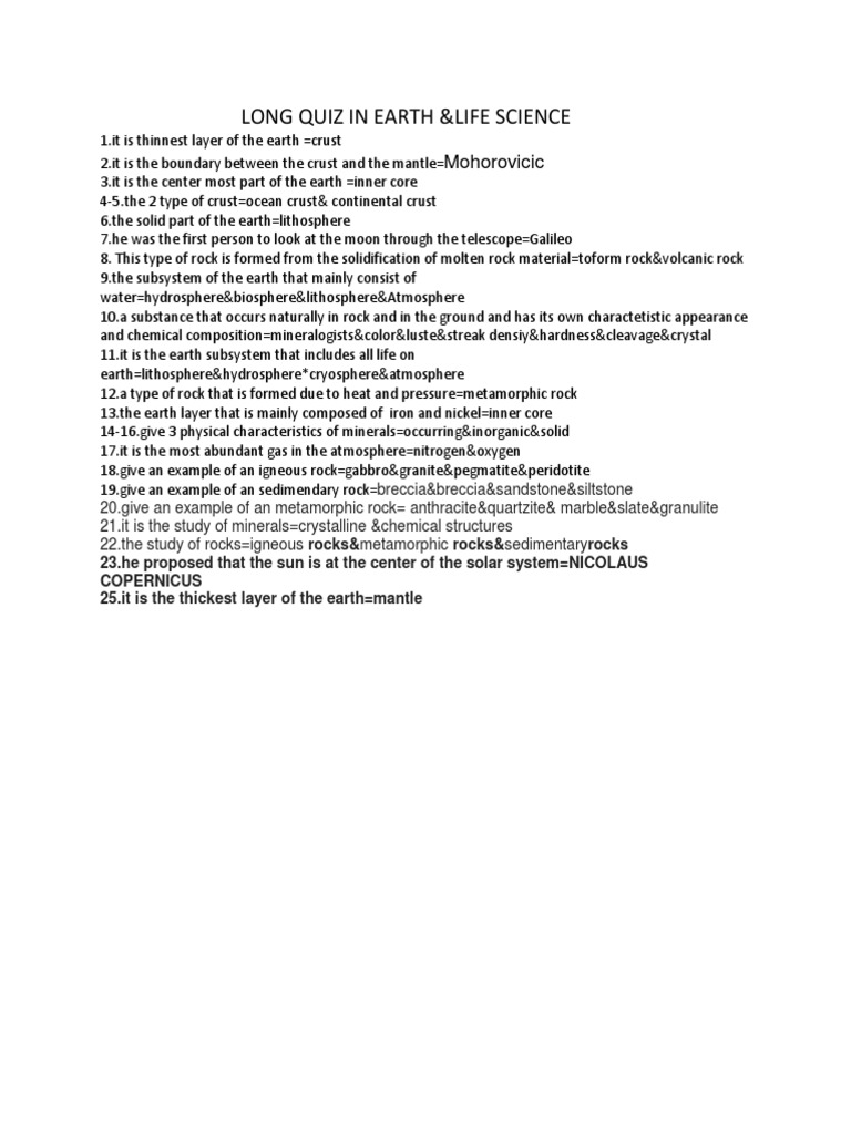 Earth and Life Science Quiz Guide | PDF
