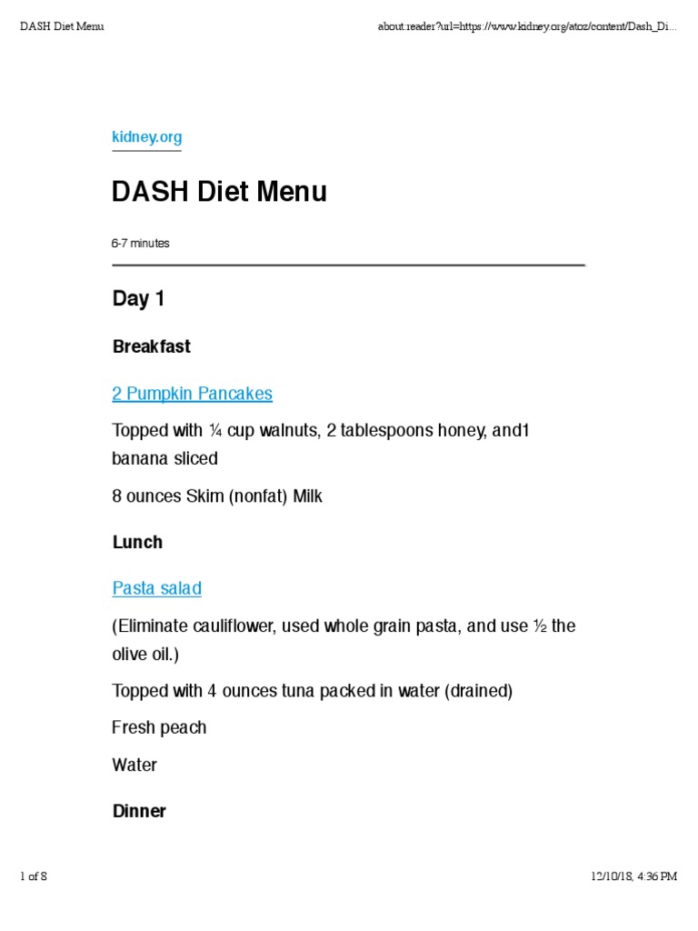 DASH Diet Menu | PDF | Dash Diet | Calorie