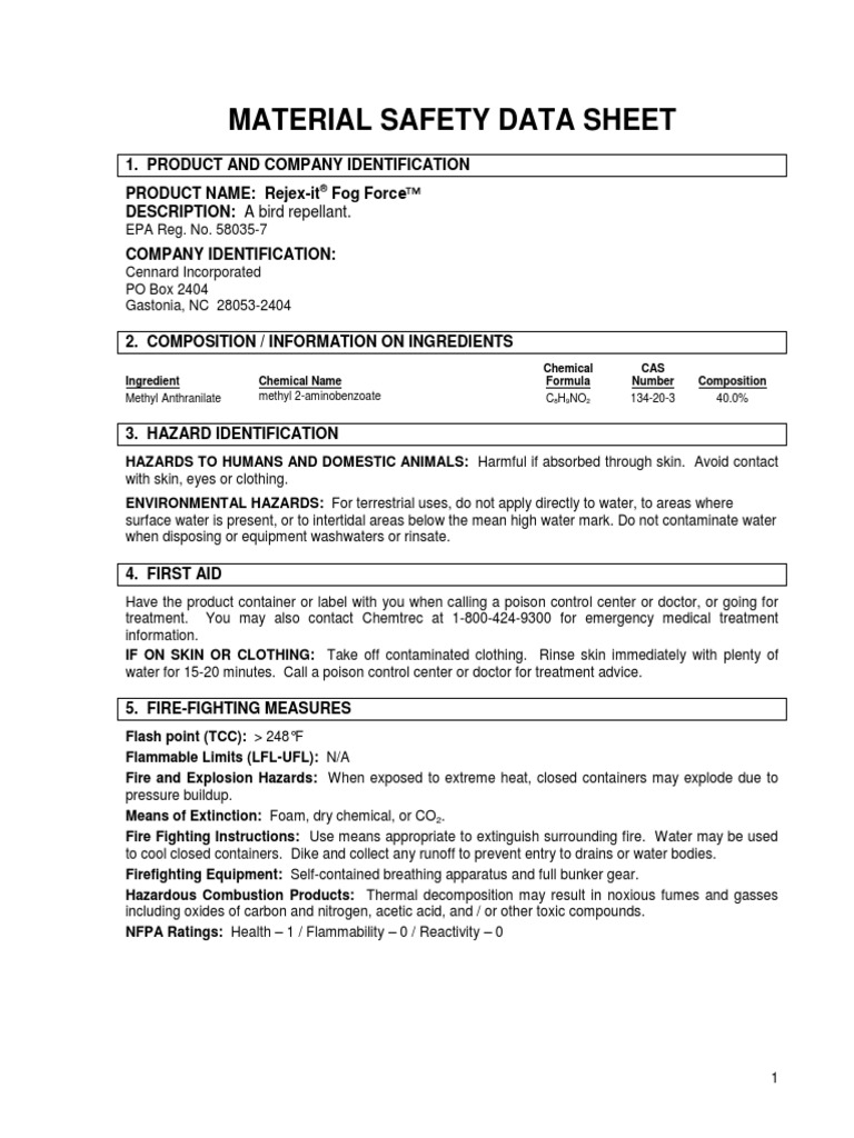 MSDS Rejex It & Fog Force | PDF | Toxicity | Firefighting