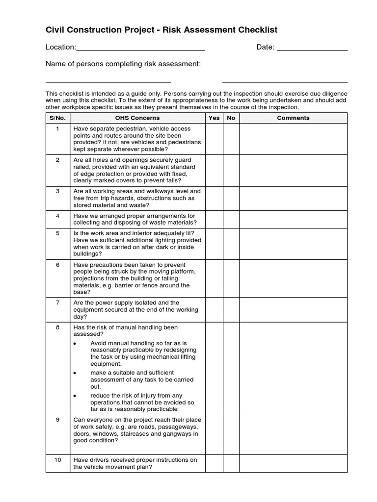 Civil Construction Risk Assessment Checklist | PDF | Prevention | Safety