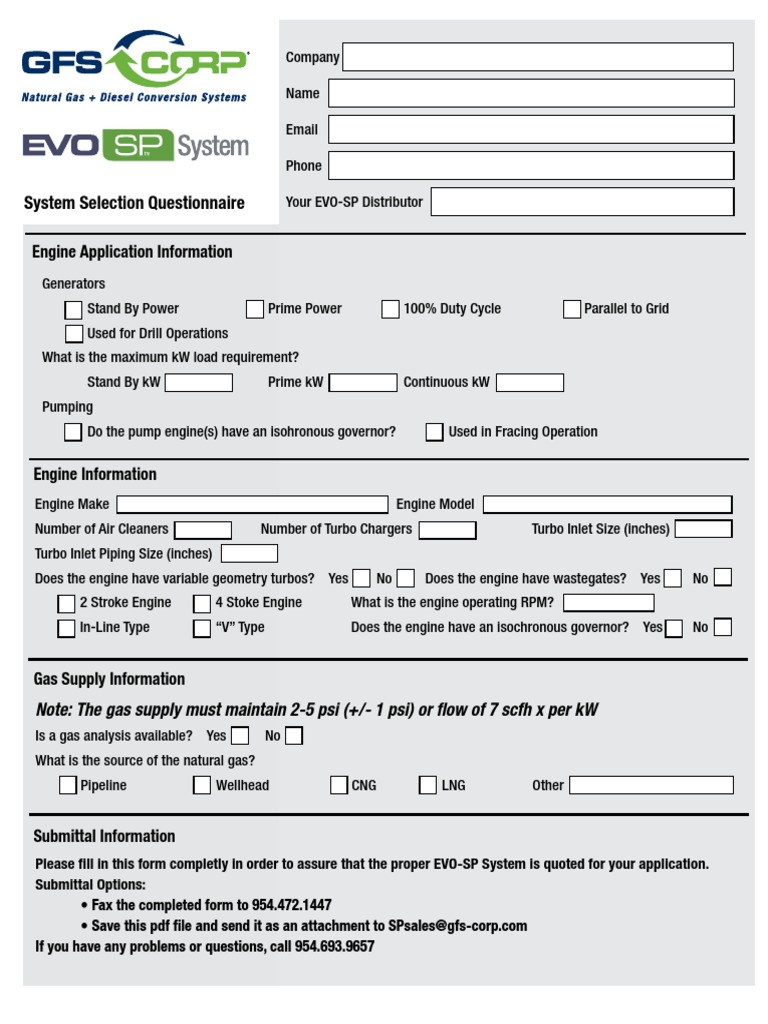 EVO-SP System Selection Questionnaire | PDF | Engines | Turbocharger