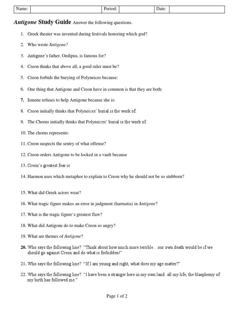 Antigone Study Guide Questions | PDF | Mythology Of Central Greece ...