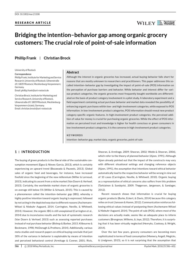 Bridging The Intention¿Behavior Gap Among Organic Grocery | PDF | Behavior | Point Of Sale