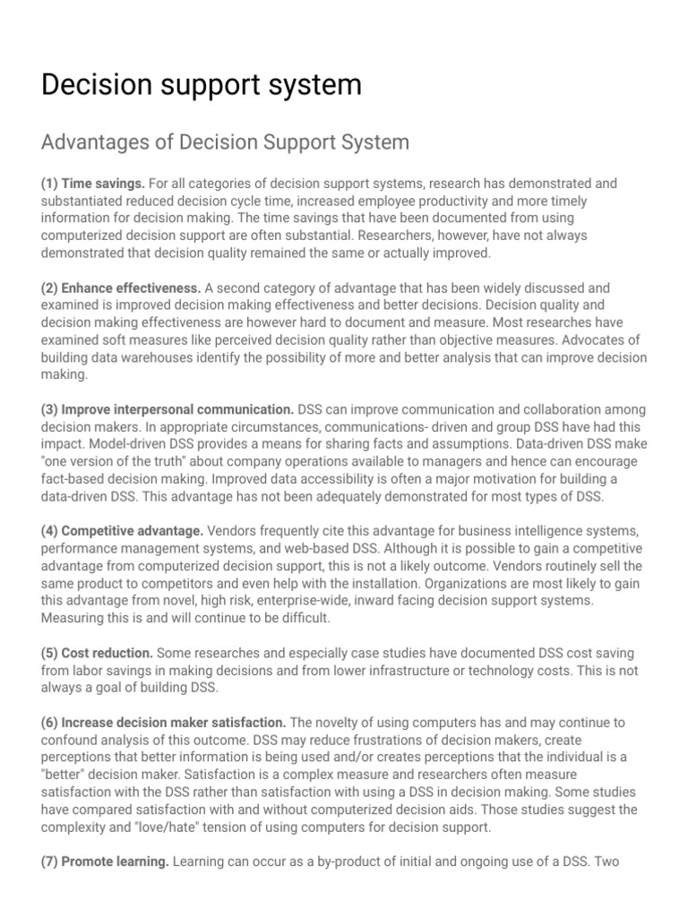 Advantages of Decision Support Systems | PDF | Decision Support System ...