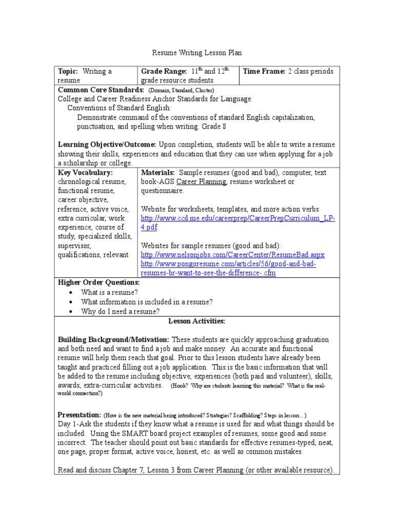 Resume Writing Lesson Plan | PDF | Rubric (Academic) | Learning
