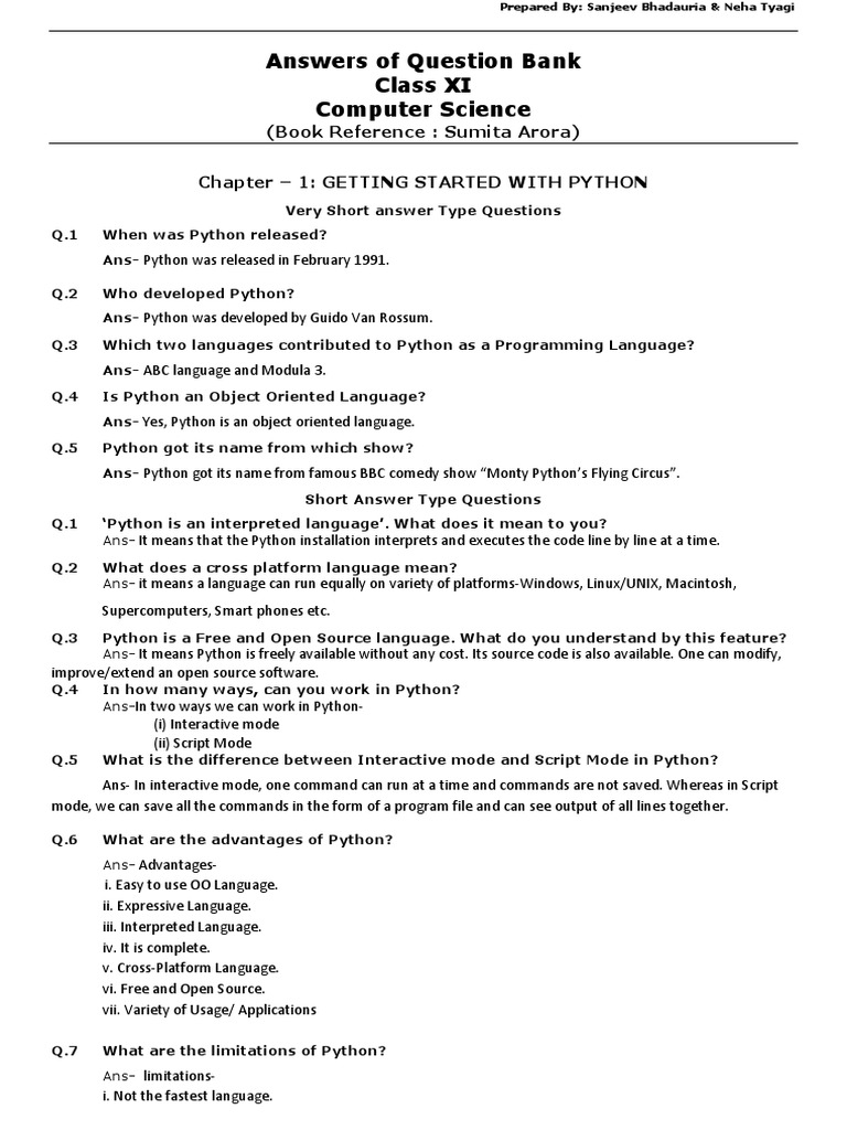 Question Bank Class Xi Cs Answer To Be Uploaded 4 Download Free Pdf Reserved Word Data Type