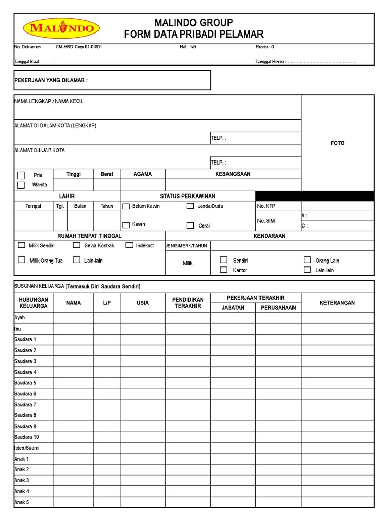 Form Data Pelamar | PDF