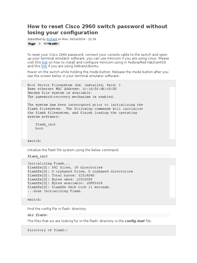 How To Reset Cisco 2960 | PDF | Command Line Interface | Booting