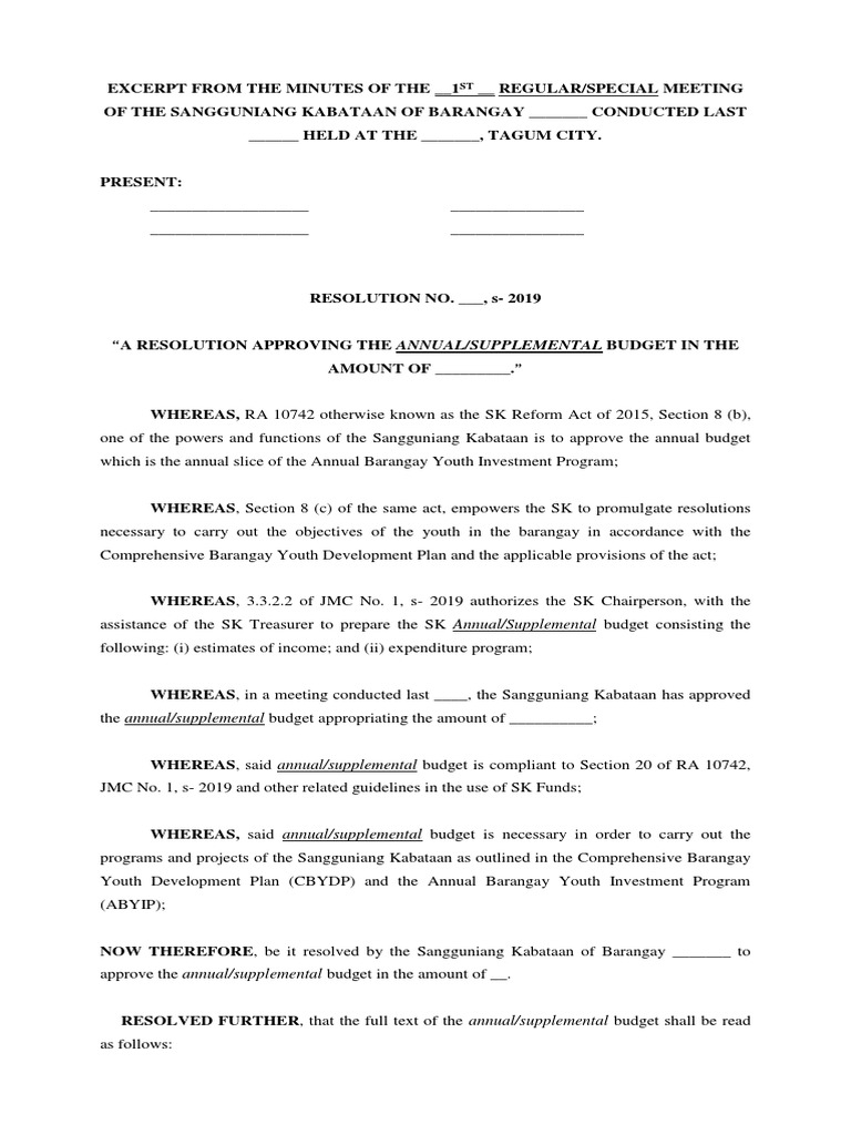 Sample SK Resolution | PDF | Budget | Government