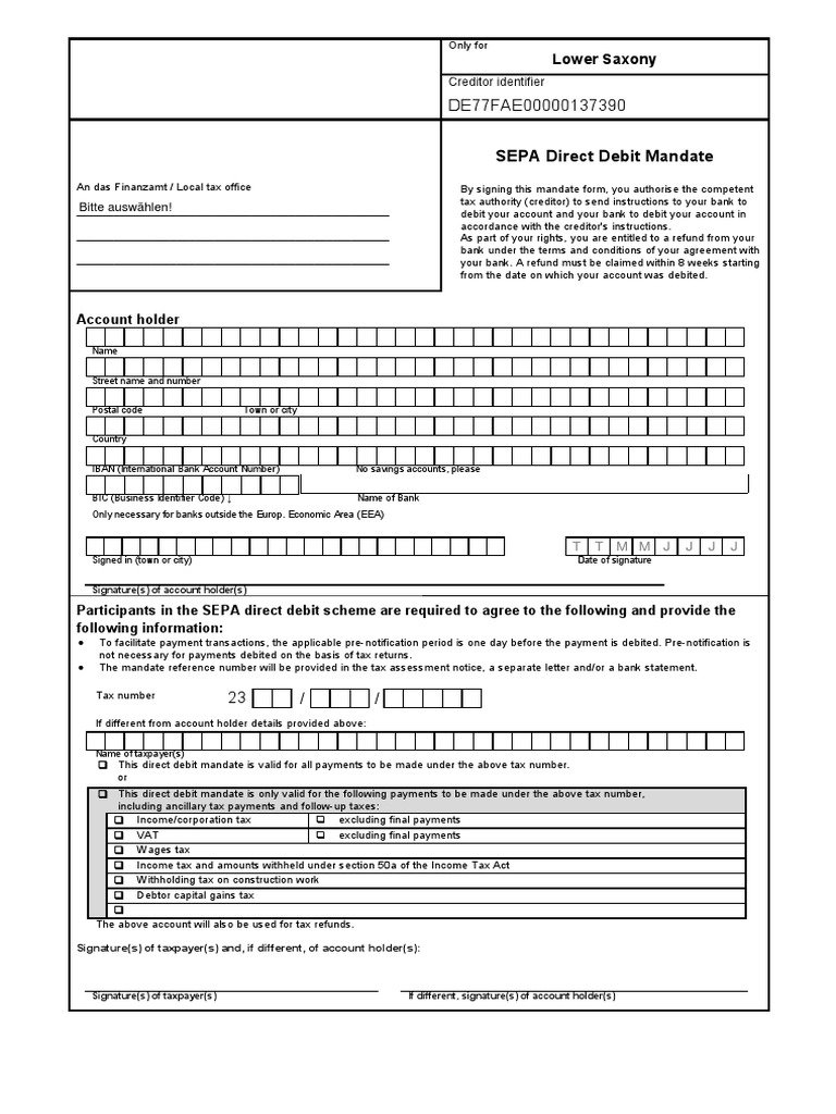 DE77FAE00000137390: SEPA Direct Debit Mandate | Tax Refund | Debit Card