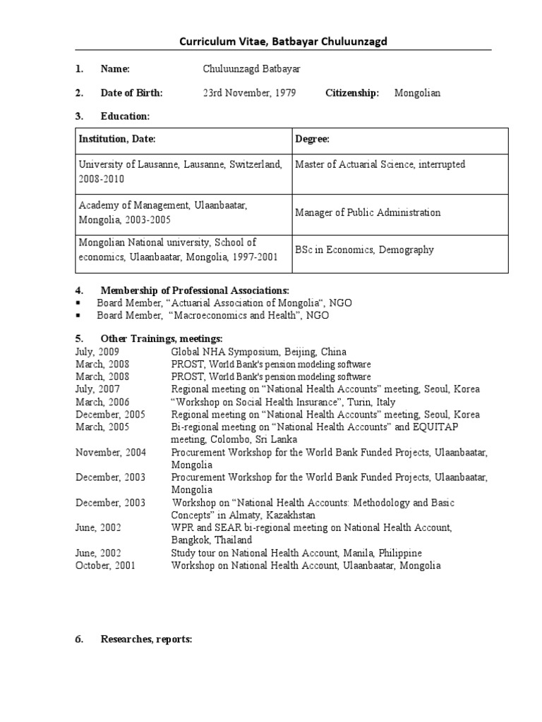 Curriculum Vitae, Batbayar Chuluunzagd: 1. Name: 2. Date of Birth ...
