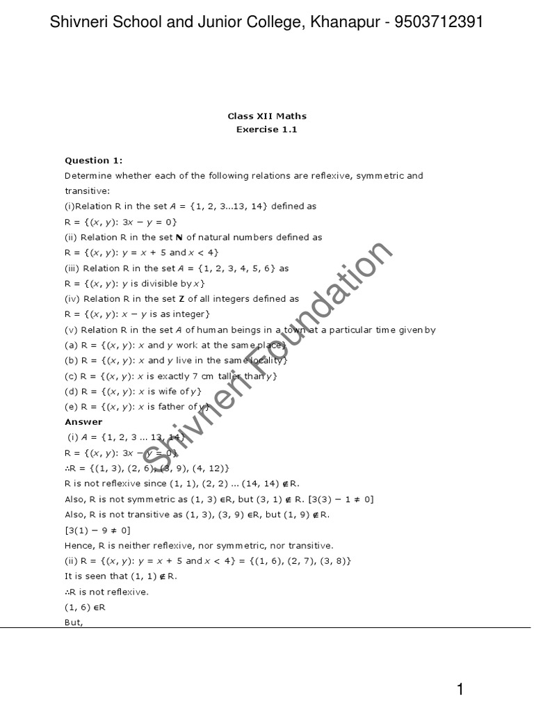 Class XII Maths: Relations Analysis | PDF | Function (Mathematics ...