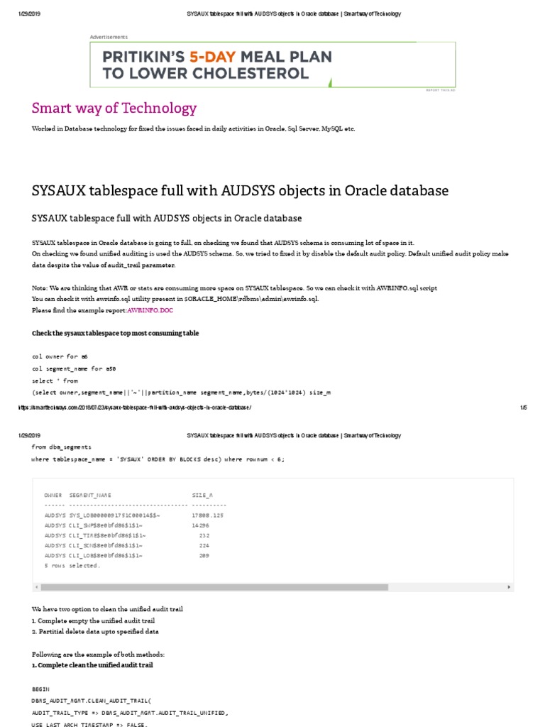 Oracle SYSAUX Tablespace Cleanup | PDF | Oracle Database | Databases