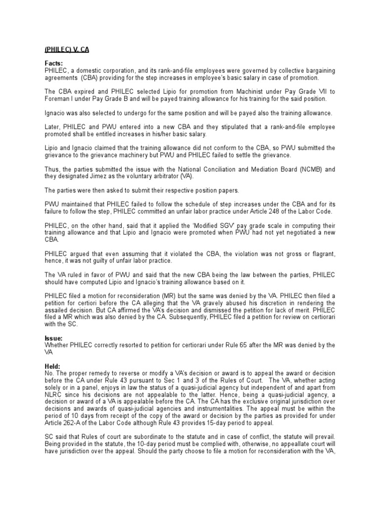 (Philec) V. Ca Facts | PDF | Certiorari | Virtue