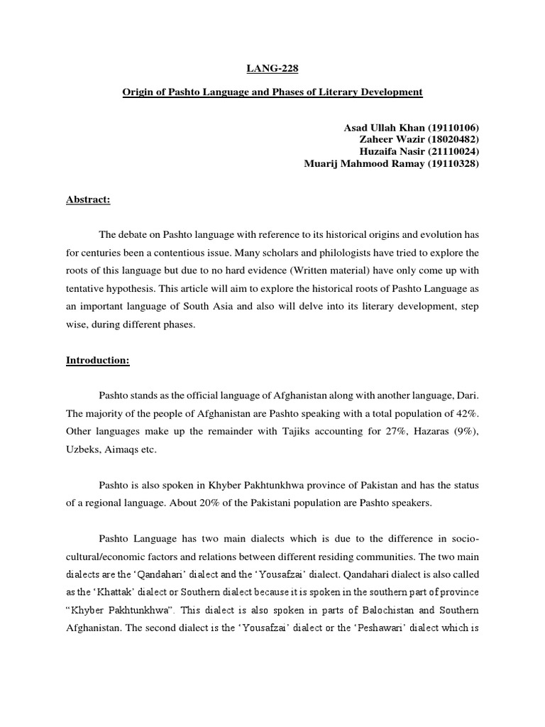 Write Up - Origin of Pashto Language and Phases of Its Literary ...