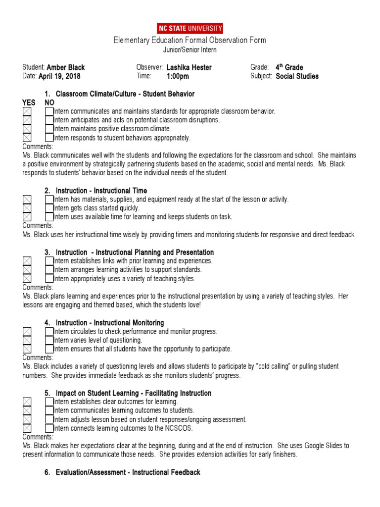 Elementary Education Formal Observation Form | Download Free PDF ...