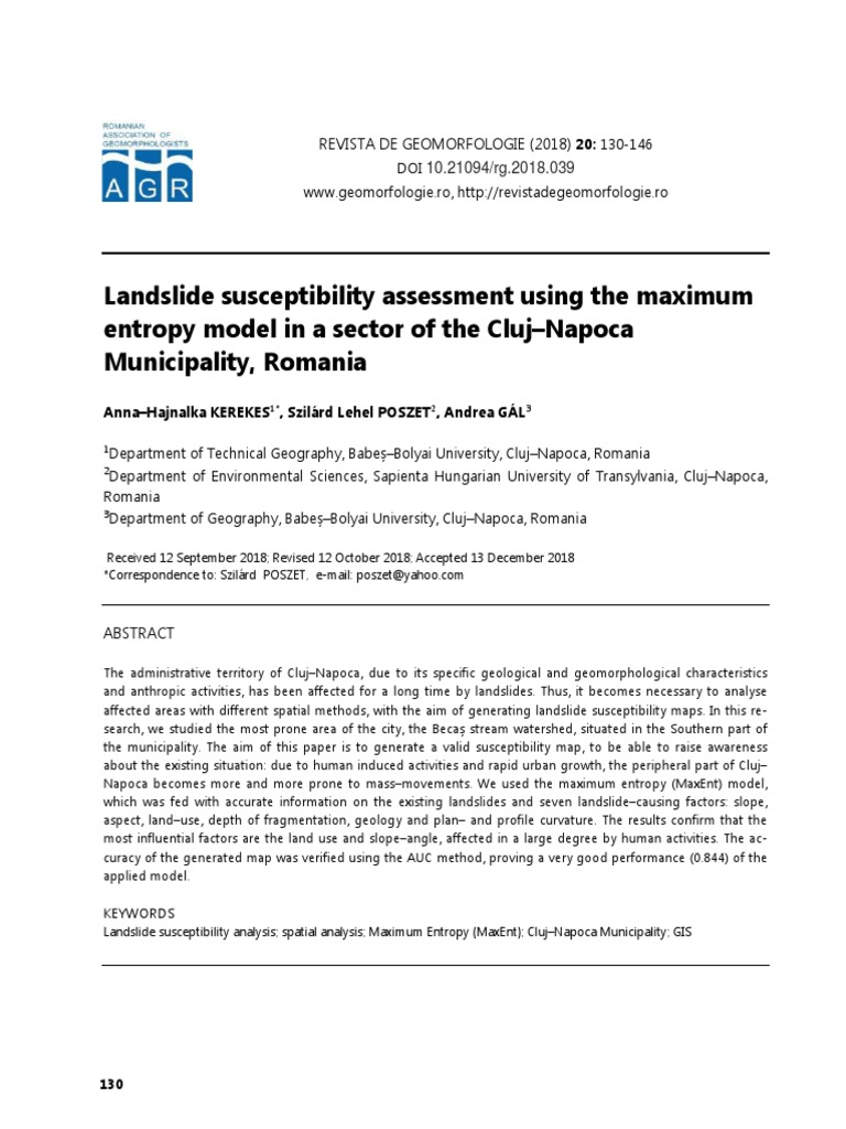 Landslide Susceptibility Assessment Using The Maximum Entropy Model in A Sector of The Cluj ...