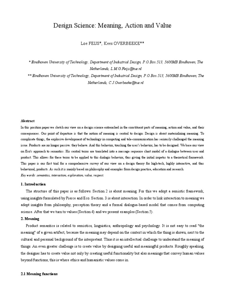 Design Science: Meaning, Action and Value: Loe Feijs, Kees Overbeeke ...