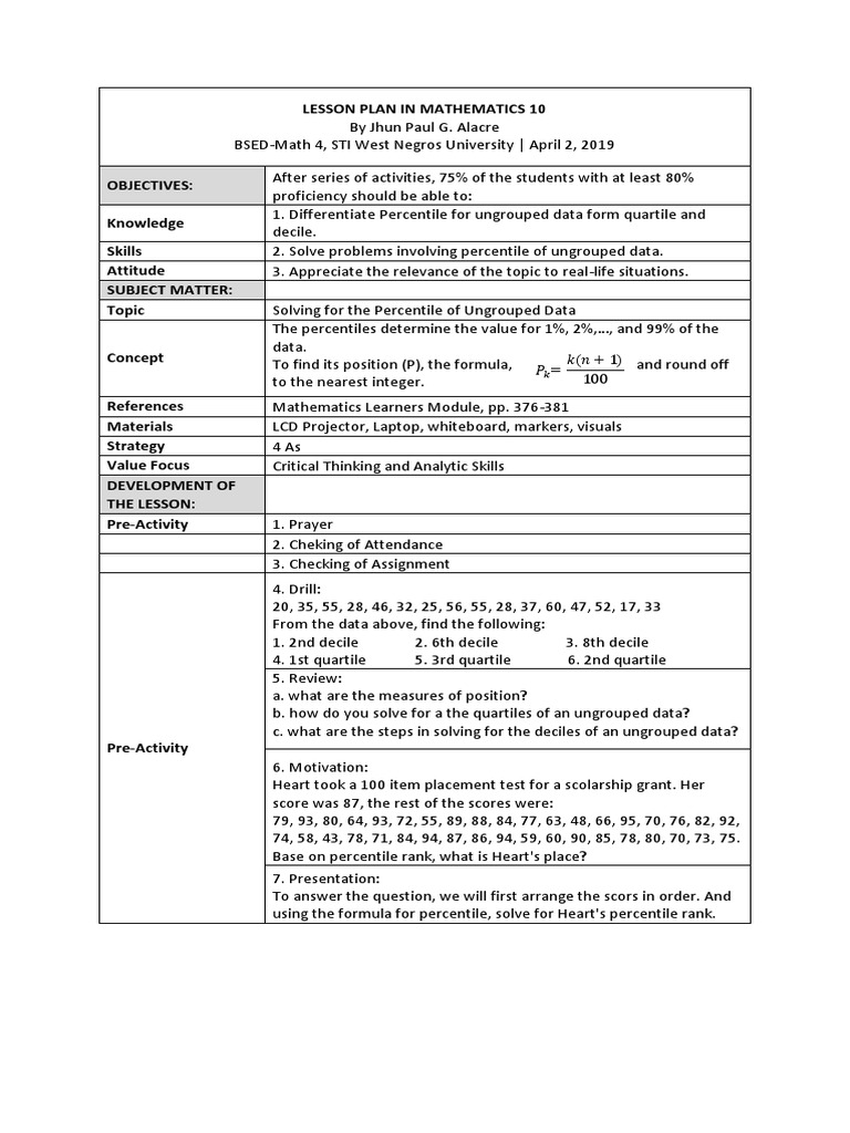 Lesson Plan in Mathematics 10 | PDF | Percentile | Lesson Plan