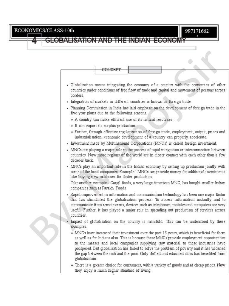 Globalisation and The Indian Economy: Economics/Class-10Th 997171662 4 | PDF | Multinational ...