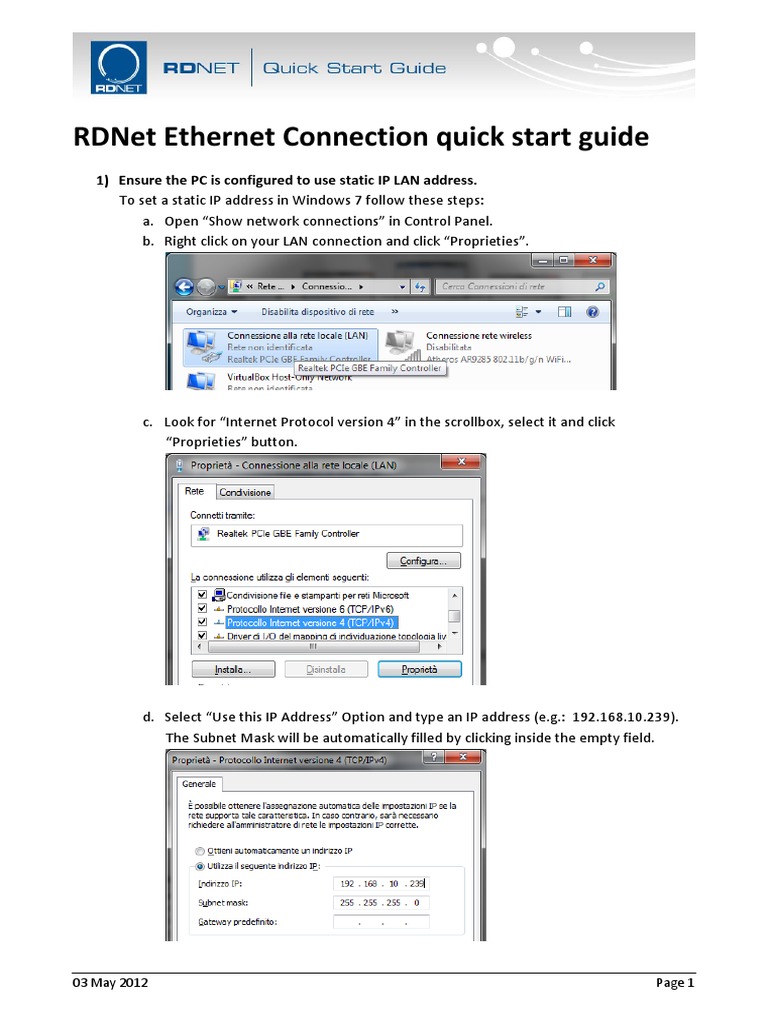 RDNet Ethernet Connection Quick Start Guide | PDF | Ip Address | Ethernet