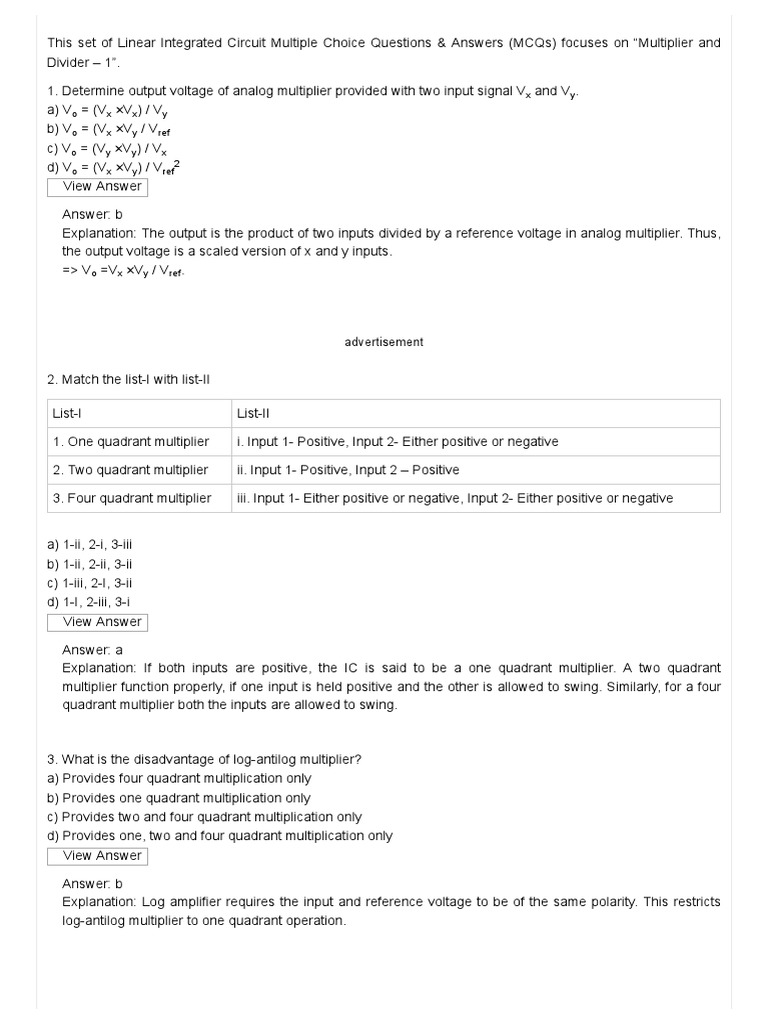 Multiplier & Divider Questions and Answers - Sanfoundry | PDF | Analog ...