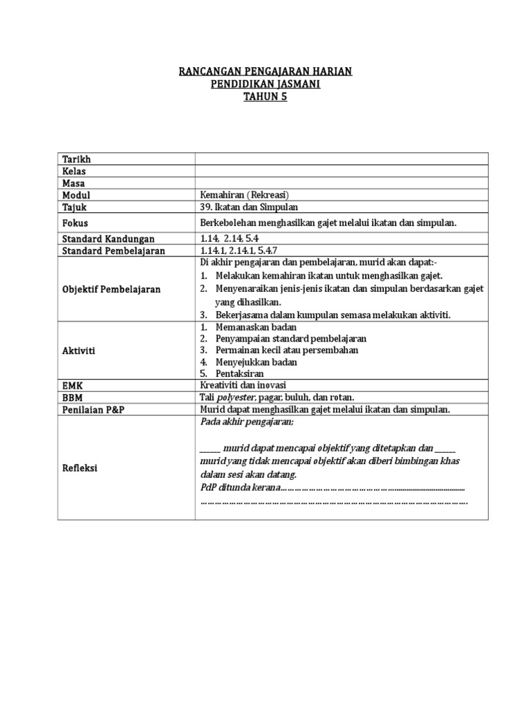 RPH PJ Tahun 5 Sem 2 - 39. Ikatan Dan Simpulan | PDF