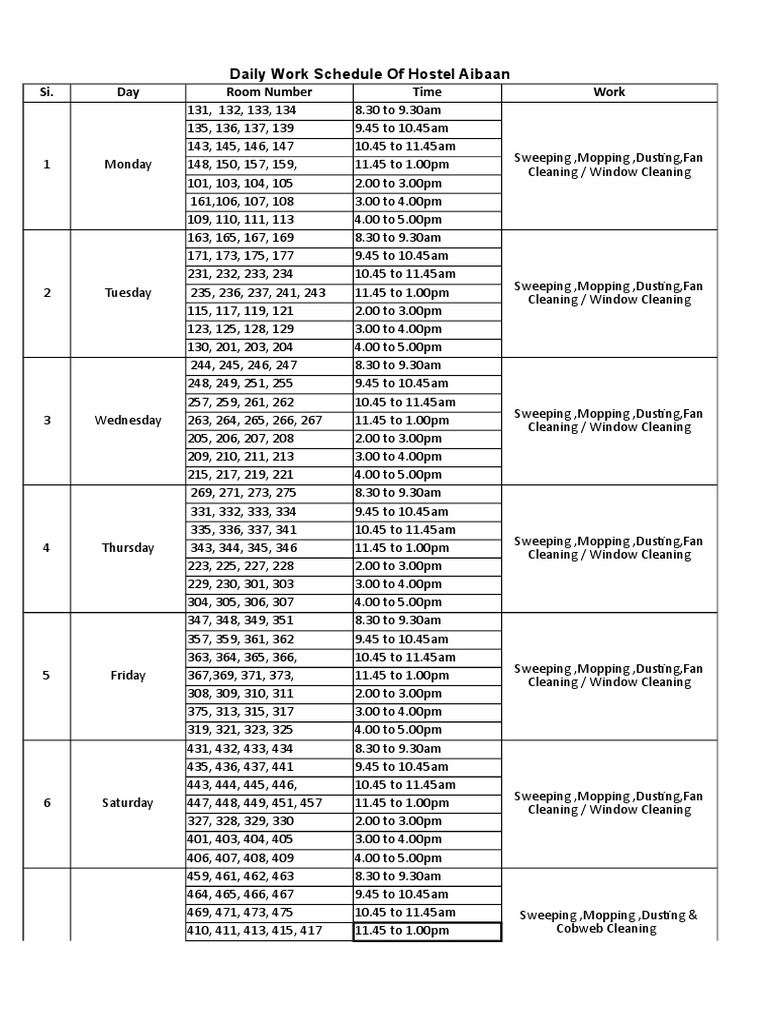 Hostel Cleaning Work Schedule | PDF | Sports | Leisure