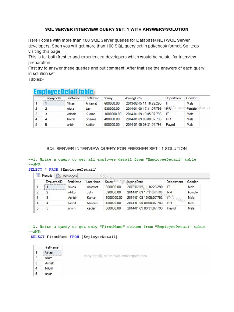 SQL Server Interview Queries Set 1 | PDF | Microsoft Sql Server ...