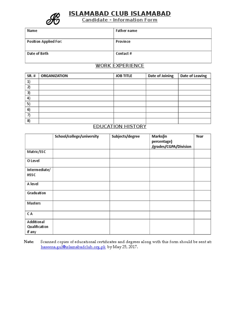 Islamabad Club - Information Form | PDF