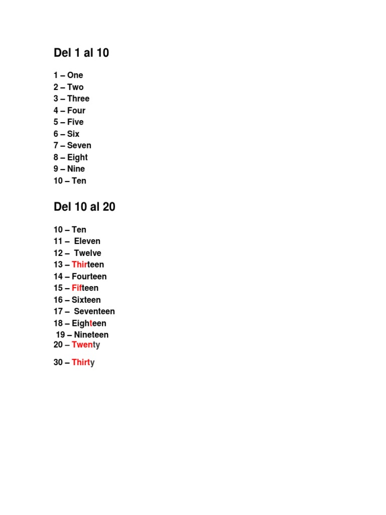 Del 1 Al 10: 1 - One 2 - Two 3 - Three 4 - Four 5 - Five 6 - Six 7 ...