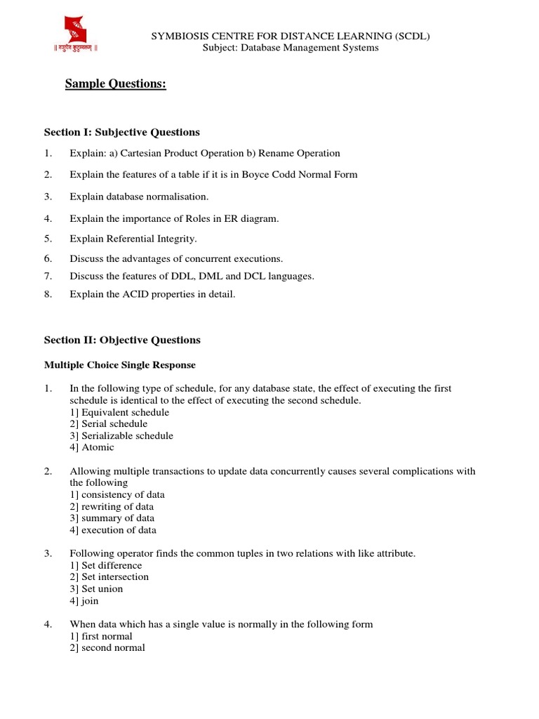 Sample Questions:: Section I: Subjective Questions | PDF | Database Transaction | Databases