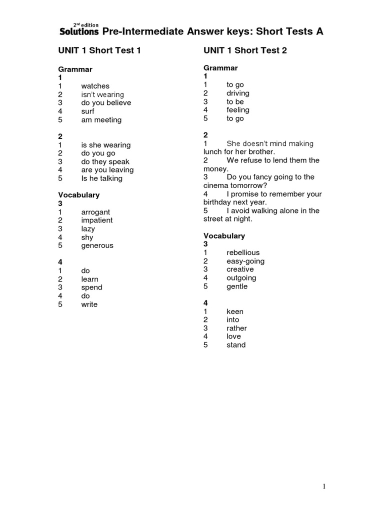 Pre-Intermediate Answer Keys: Short Tests A: UNIT 1 Short Test 1 UNIT 1 ...