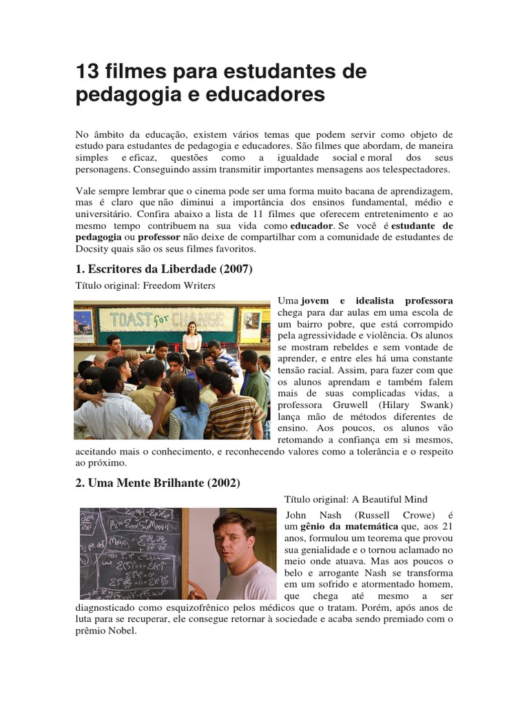 13 Filmes para Estudantes de Pedagogia e Educadores | PDF | Escolas ...