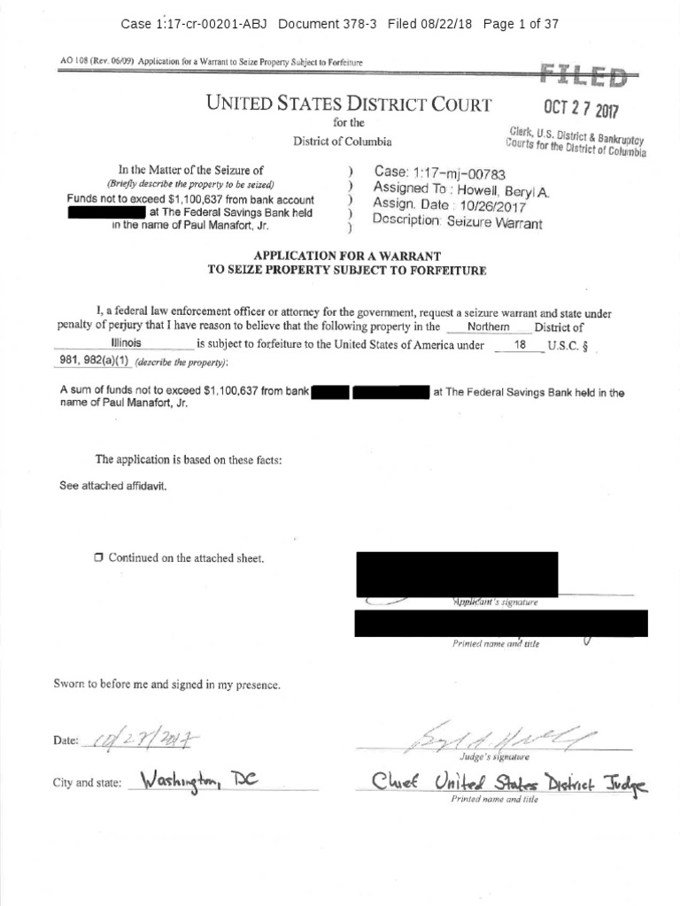 Oct 2017 FBI Search Warrant Affidavit in Manafort case | Violence