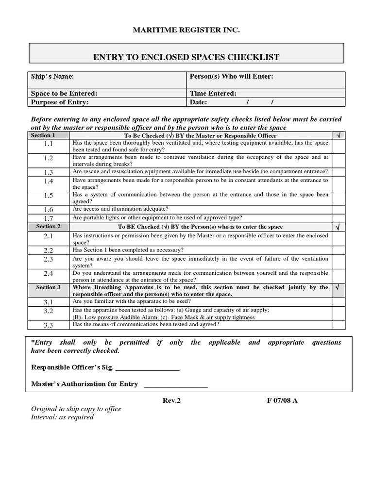 Entry To Enclosed Spaces Checklist: Maritime Register Inc | PDF ...