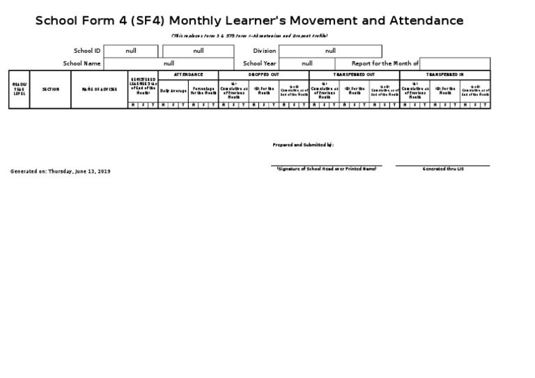 School Form 4 (SF4) Monthly Learner's Movement and Attendance | PDF