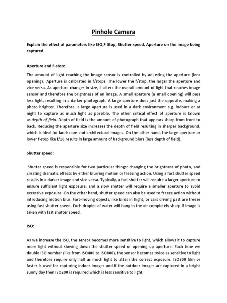 Pinhole Camera: Explain The Effect of Parameters Like ISO, F-Stop ...
