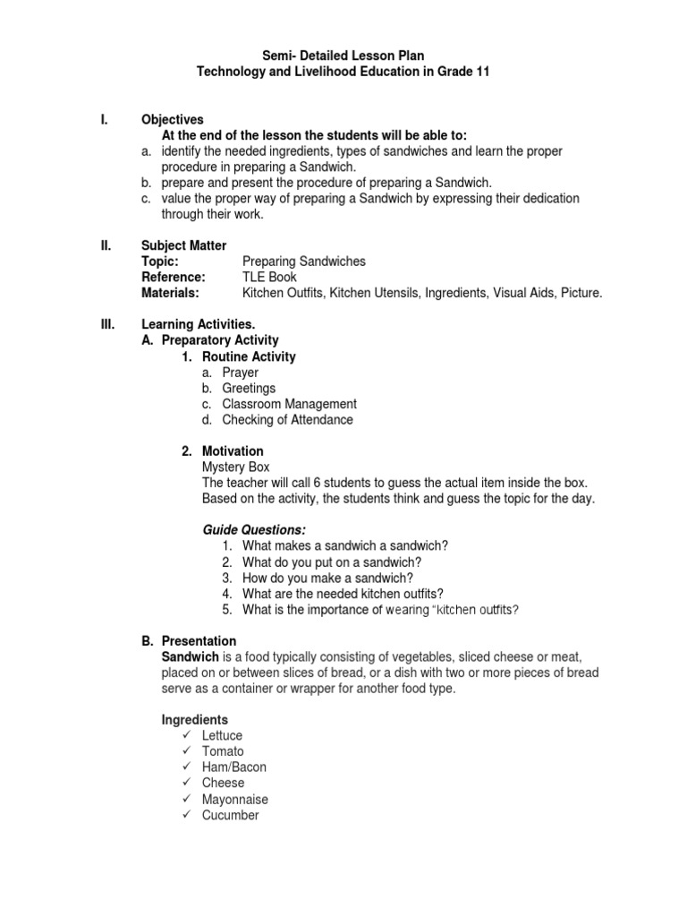 Lesson Plan: Preparing Sandwiches | PDF | Sandwich | Education Theory
