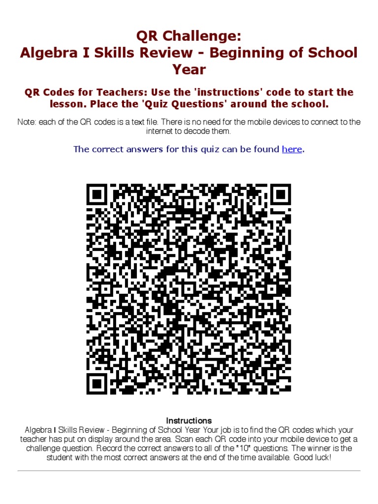 Algebra I Skills Review QR Code Scavenger Hunt-Merged | PDF | Qr Code ...