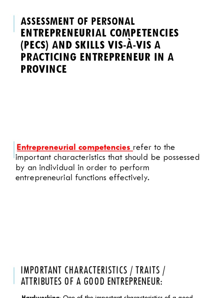 Assessment of Personal: Entrepreneurial Competencies (Pecs) and Skills ...