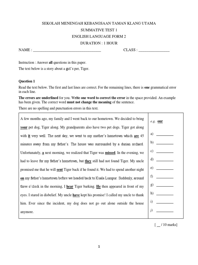 Sekolah Menengah Kebangsaan Taman Klang Utama Summative Test 1 English ...