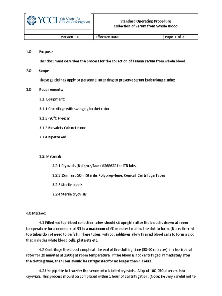 Serum Collection SOP for Blood Samples | PDF | Wellness | Science ...